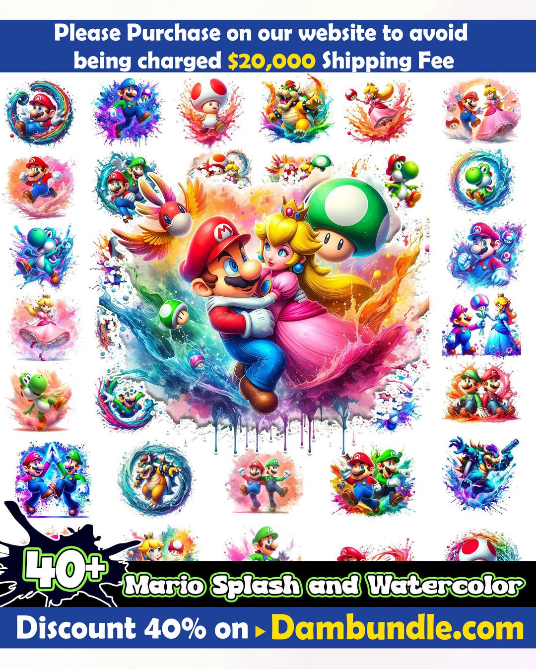 Super Mario Splash and Watercolor Digital Design PNG File for ...