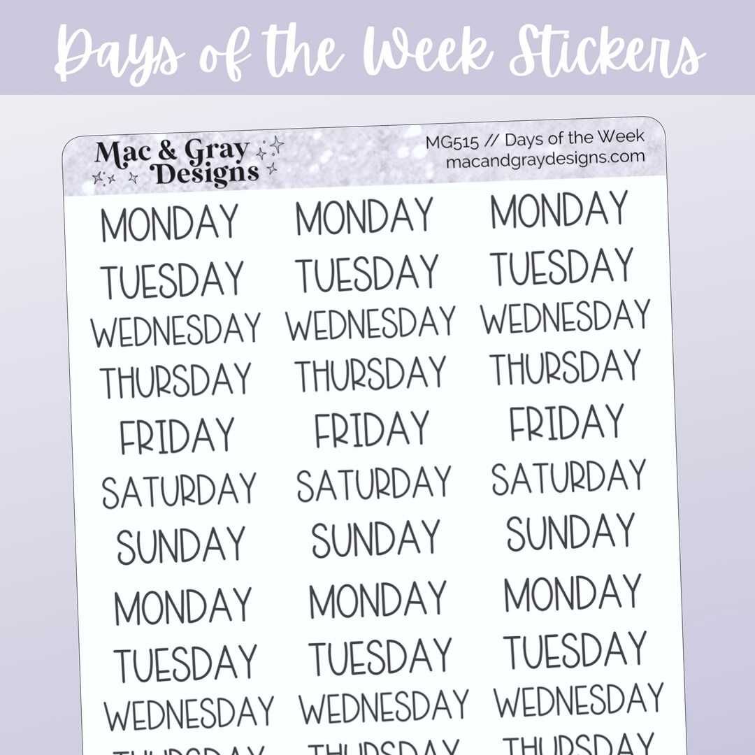 Days of the Week Stickers // Script Sticker Sheet, Daily Stickers, Cute ...