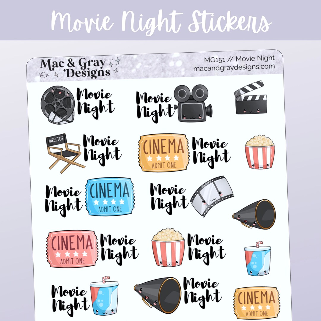 Movie Night Stickers // Functional Planner Stickers, Kawaii Cinema ...