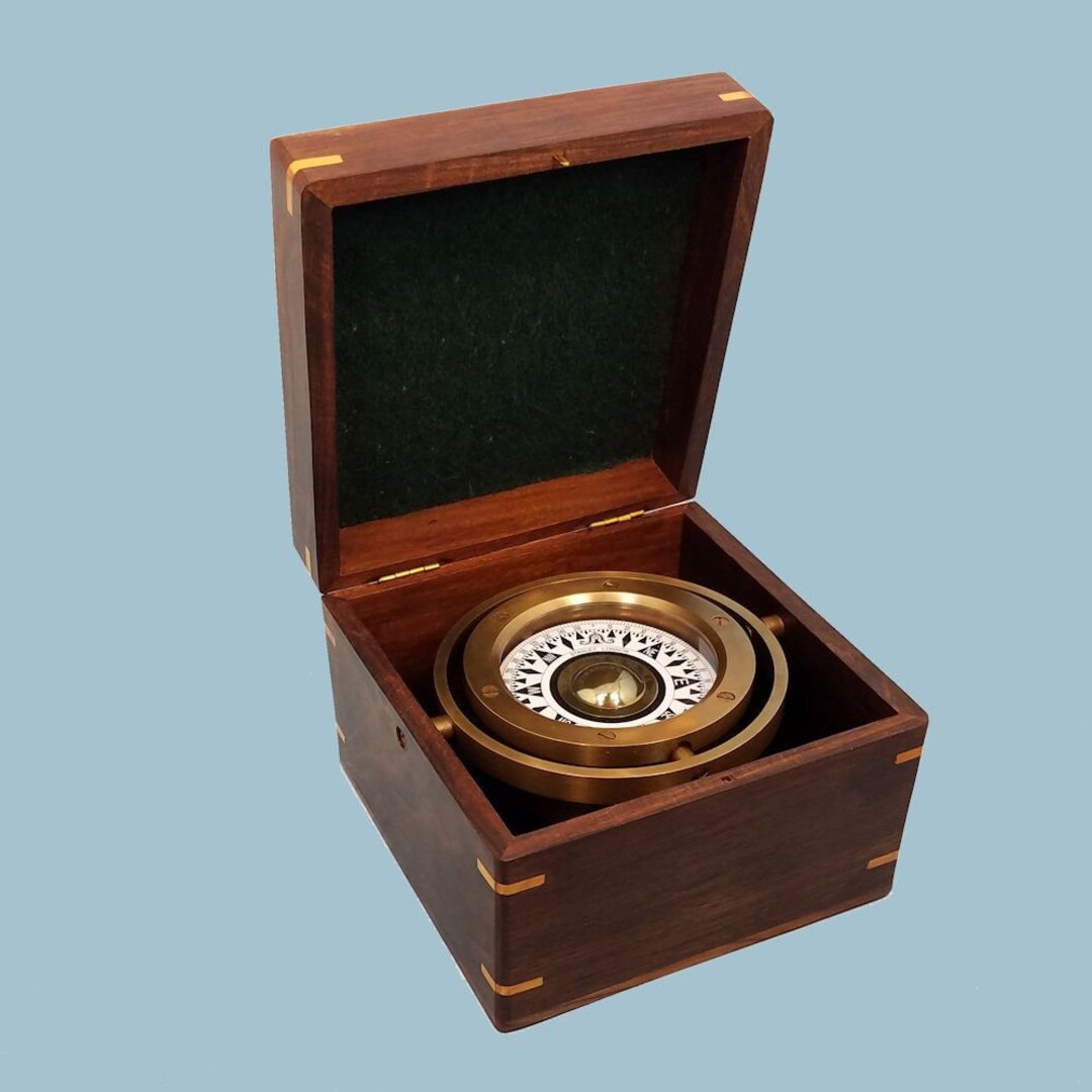 Personalized Antique Nautical Brass Gimbaled Compass in Wooden Box ...