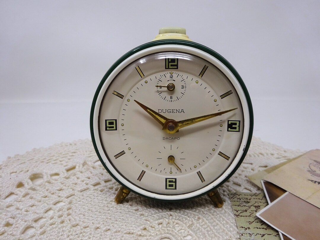 Swiss Vintage Alarm Clock Dugena, Old Mechanical Clock, Green Desk ...