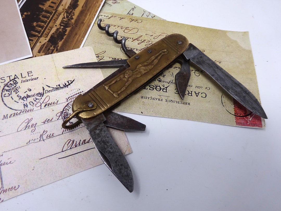 Vintage Brass Pocket Knife With 6 Parts, Antique French Folding Knife ...