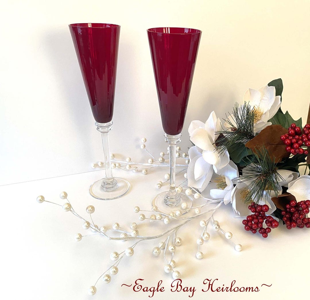 A Pair/ruby Red Champagne Flutes, Very Tall, Ribbed Body, Clear Stem ...