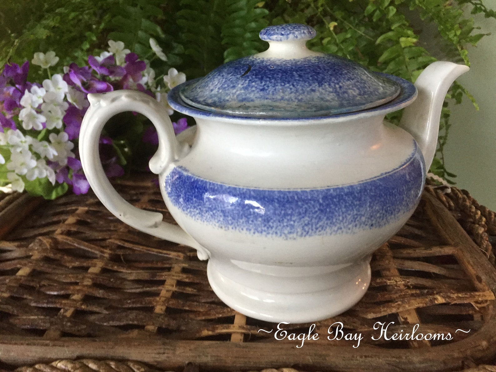 TEAPOT, 1840's, RARE, Antique Staffordshire, Blue Spongeware ...