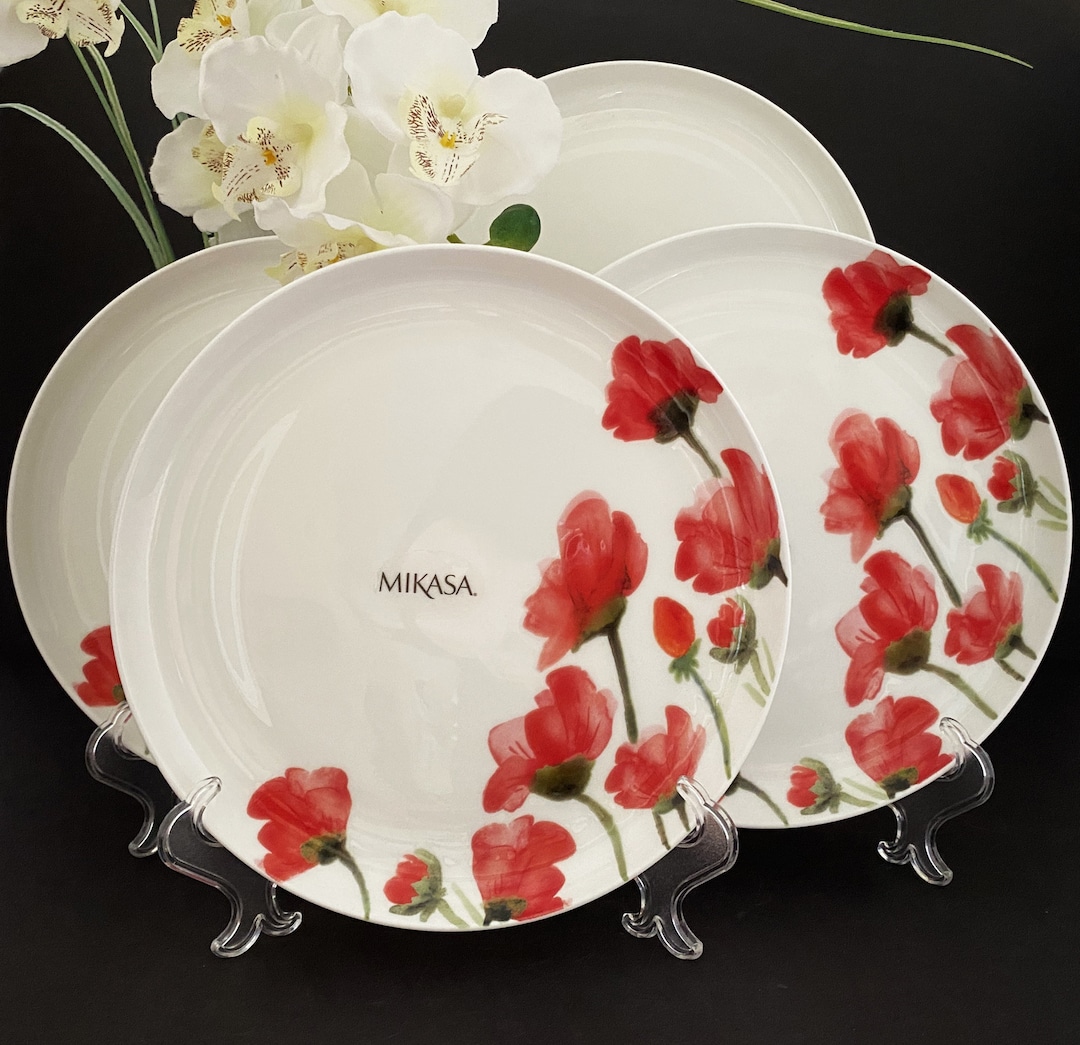 Set 4/LUNCH/SALAD Plates, Mikasa, KEIRA, Red Flowers on White Bone ...