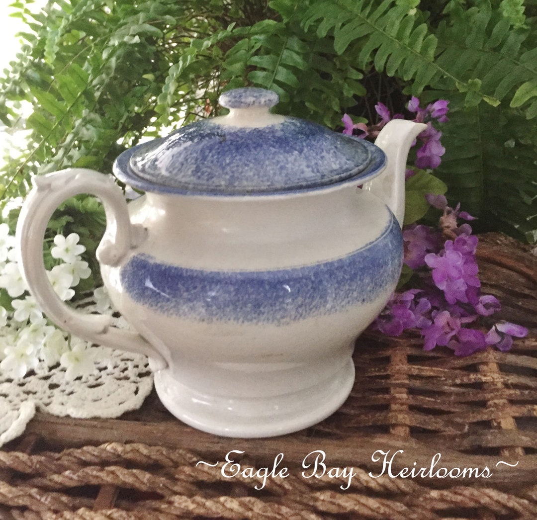 TEAPOT, 1840's, RARE, Antique Staffordshire, Blue Spongeware ...