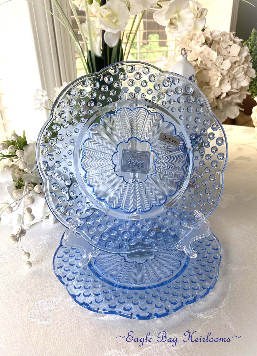 Set 2/GORHAM Crystal, Emily's Attic, Blue Bubble Glass Dessert Plates 8 ...