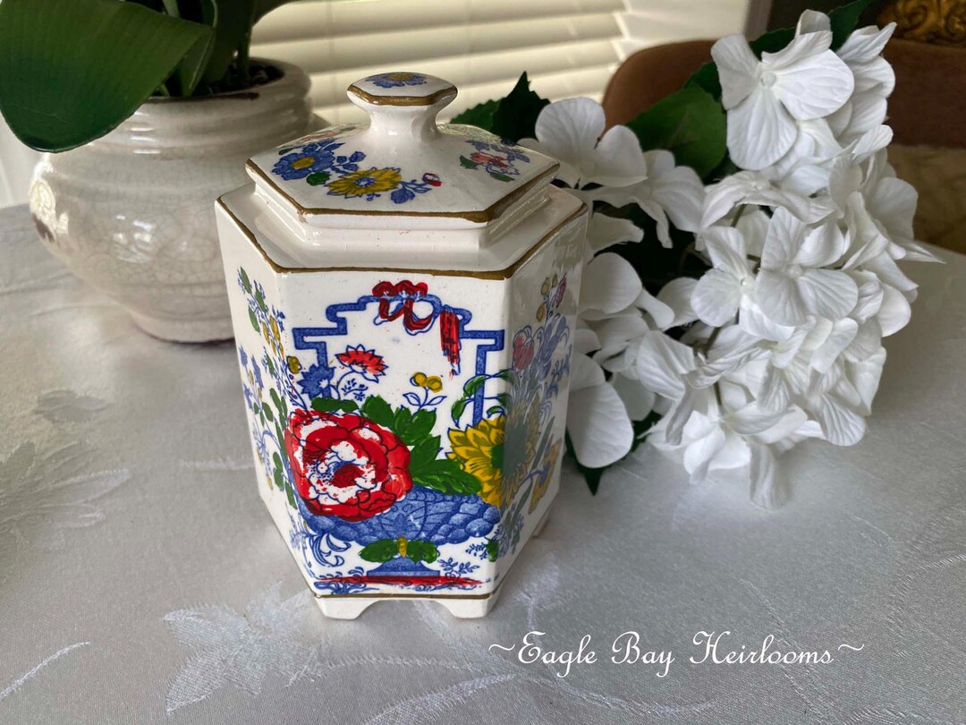 1940s Japanese Tea Caddy-colorful Floral Pattern, Hexagon Shape, 6.25 ...