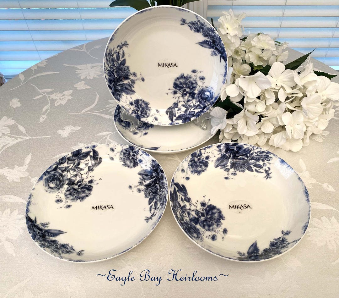 Set 4/ Mikasa PIPPA, Pasta Bowls, White Bone China Blue Roses NWT, 8-3/ ...