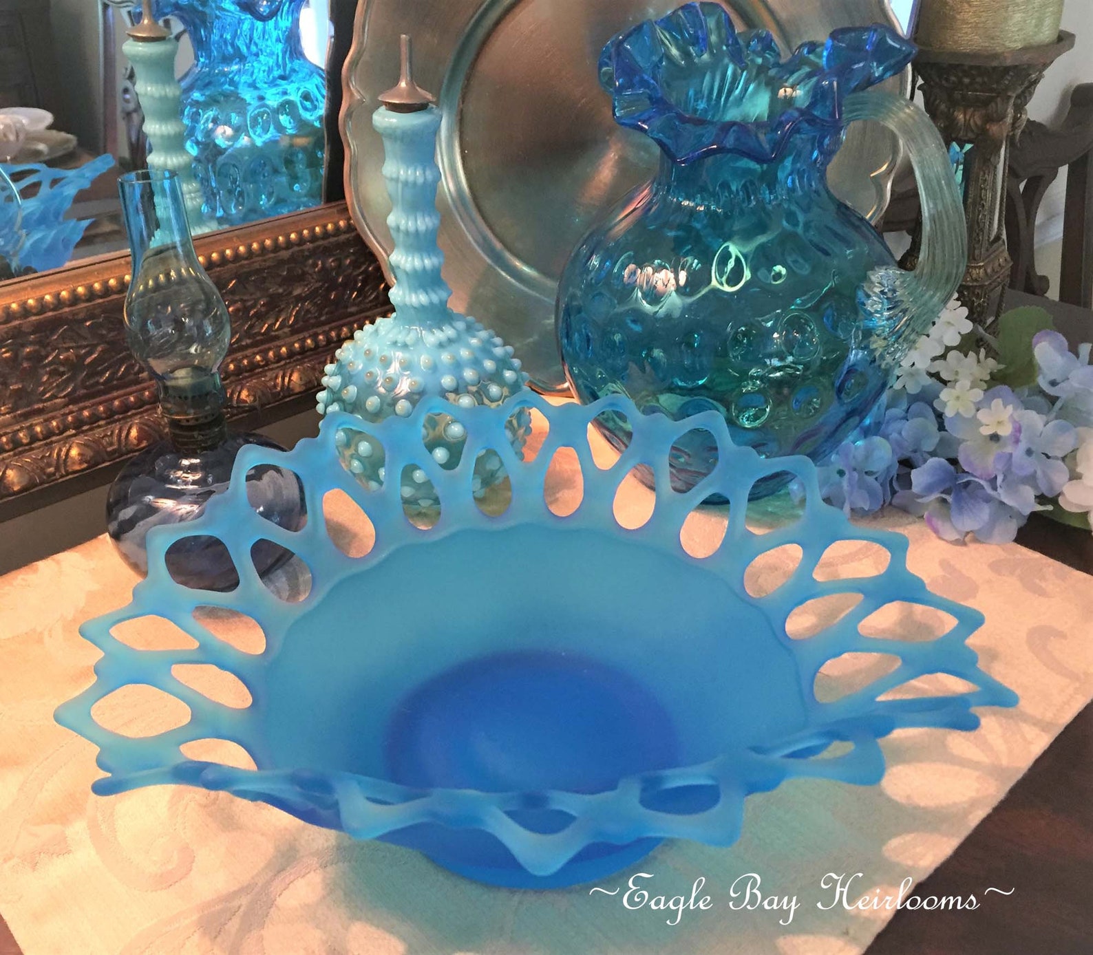 Royal Blue Satin Frosted Glass Open Lace Westmoreland Doric | Etsy