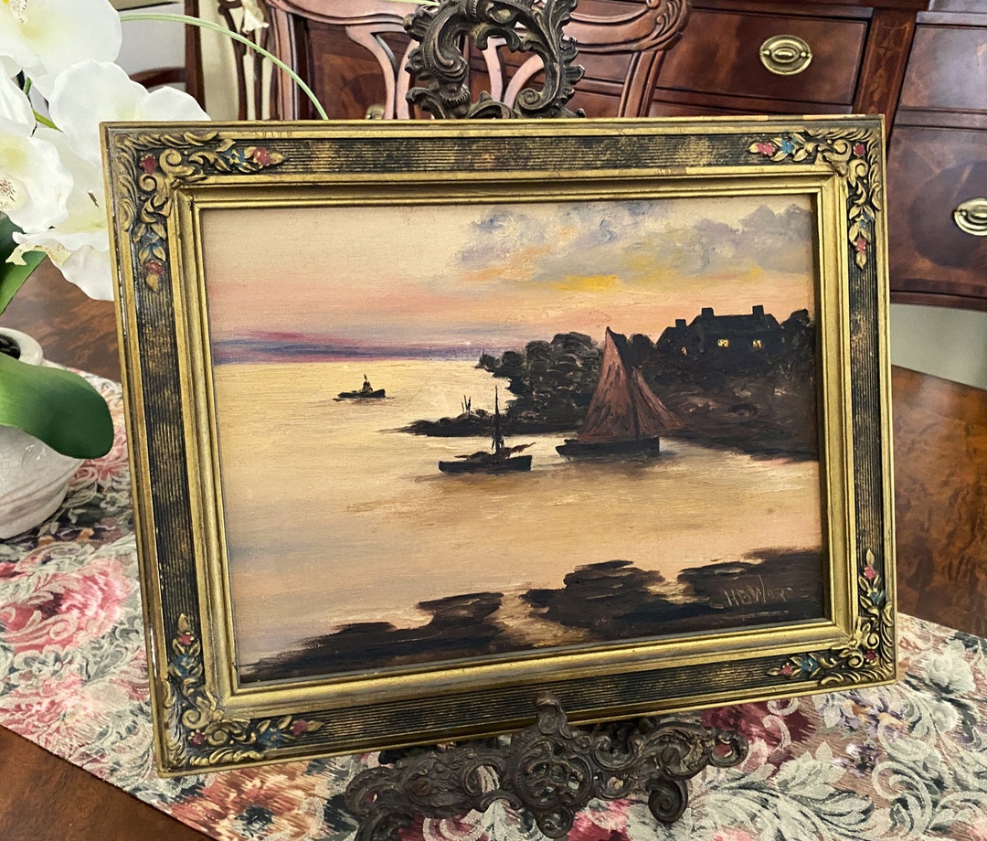 Signed H.b.ward, Oil on Board, Seascape, Wood Frame, Mid Century 14.5 ...