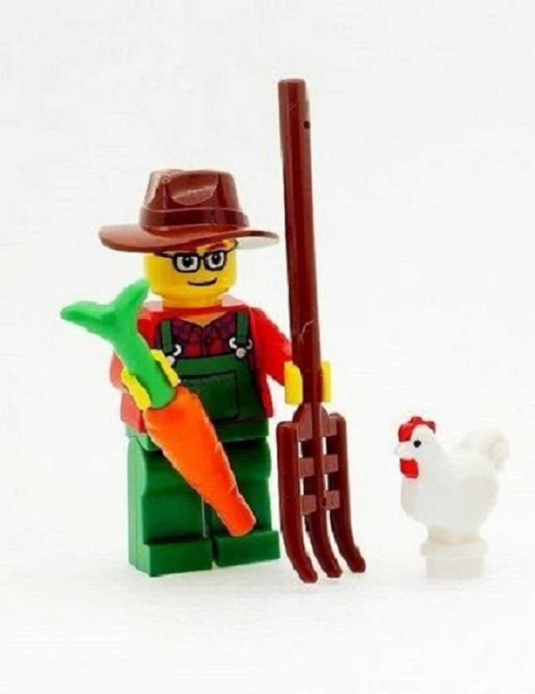 Farmer Minifigure With Accessories and 1 White Chicken - Made From LEGO ...