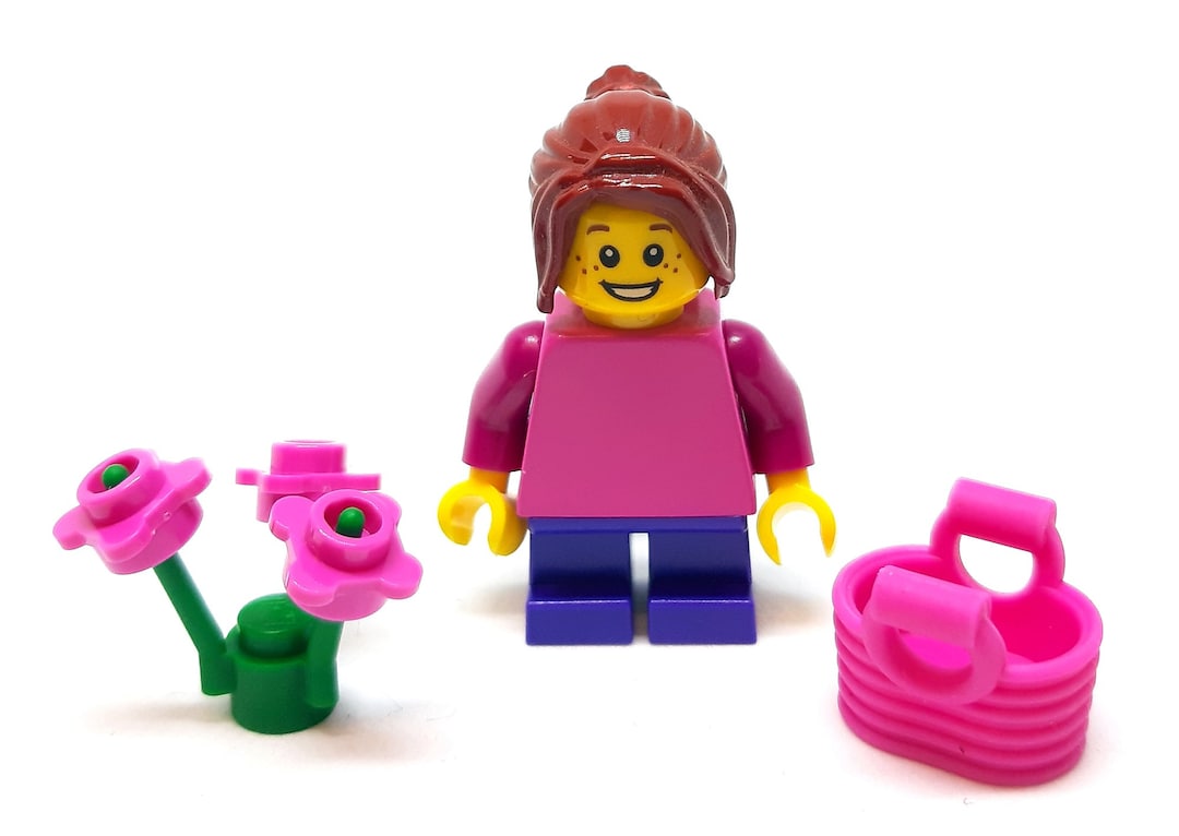 LEGO Mini Female Girl Minifigure pink Top With Flowers and Basket Made ...