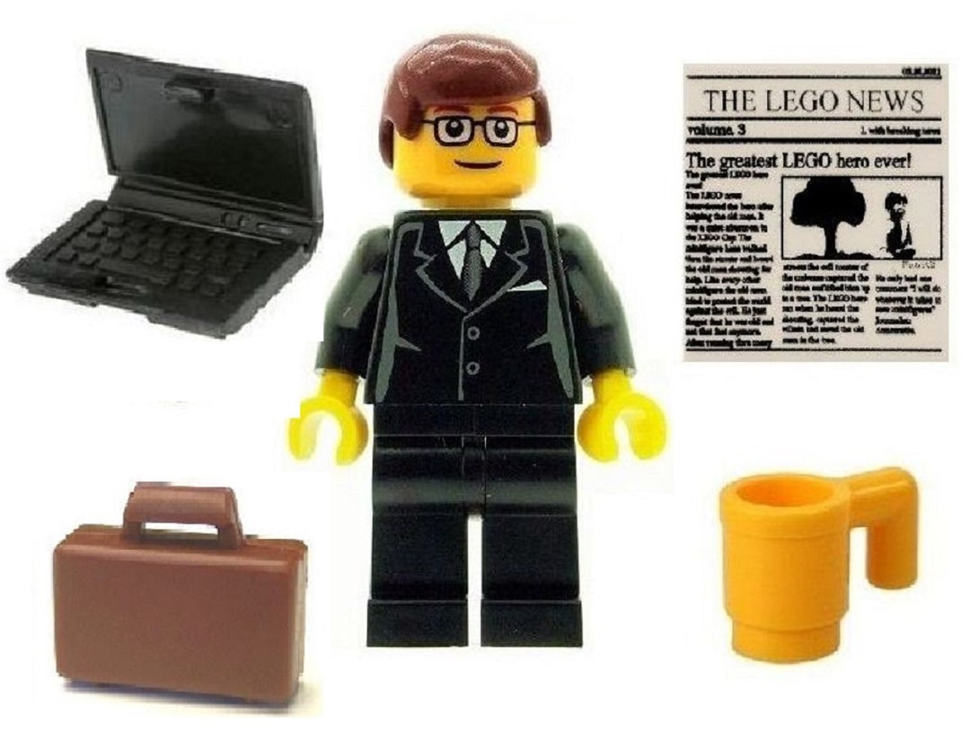Business Man Minifigure With Computer, Briefcase, Newspaper and Mug ...