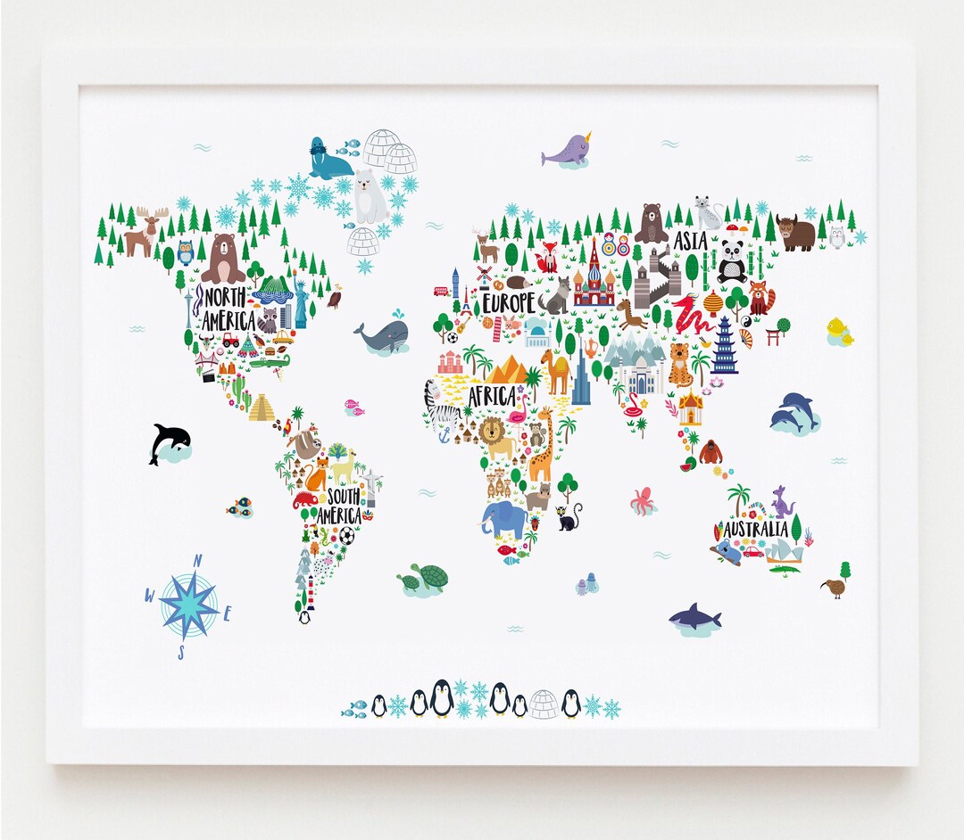 Printable World Map for Kids Nursery Wall Art, Animal World Map Poster ...
