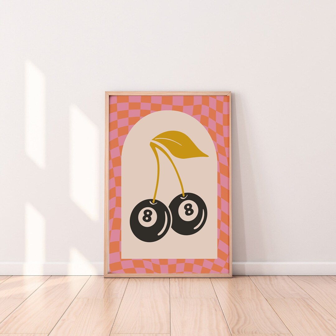 Trendy Wall Art, 8 Ball Cherries Print Illustration, Retro Wall Decor ...