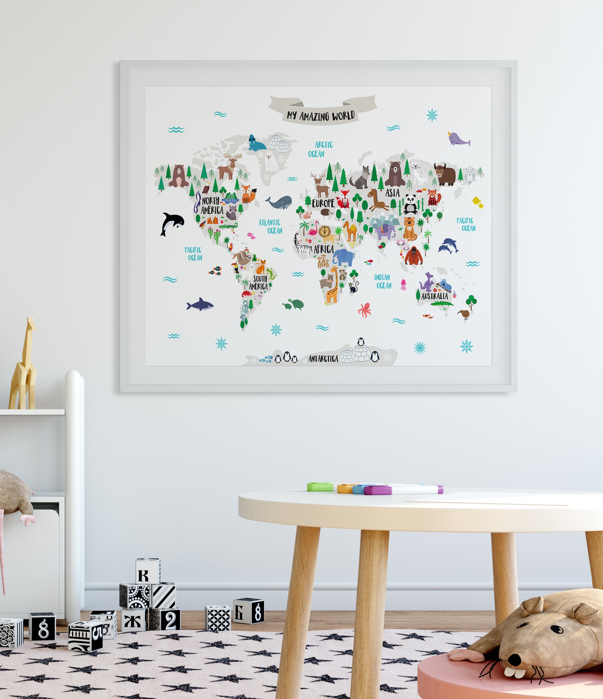 Giclée Prints Kids Animal World Map Poster Print Fun Colorful ...