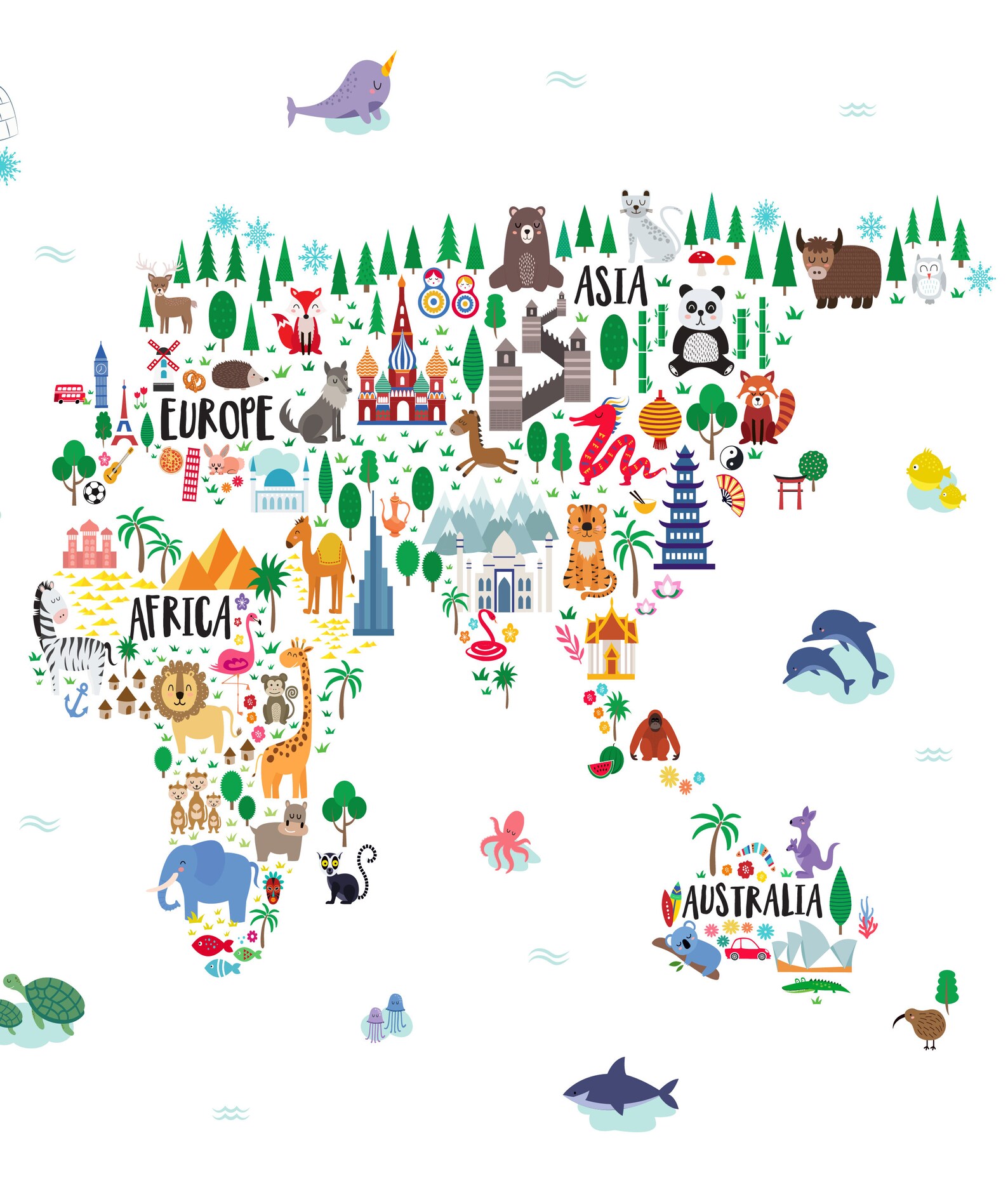 Printable World Map for Kids Nursery Wall Art Animal World | Etsy