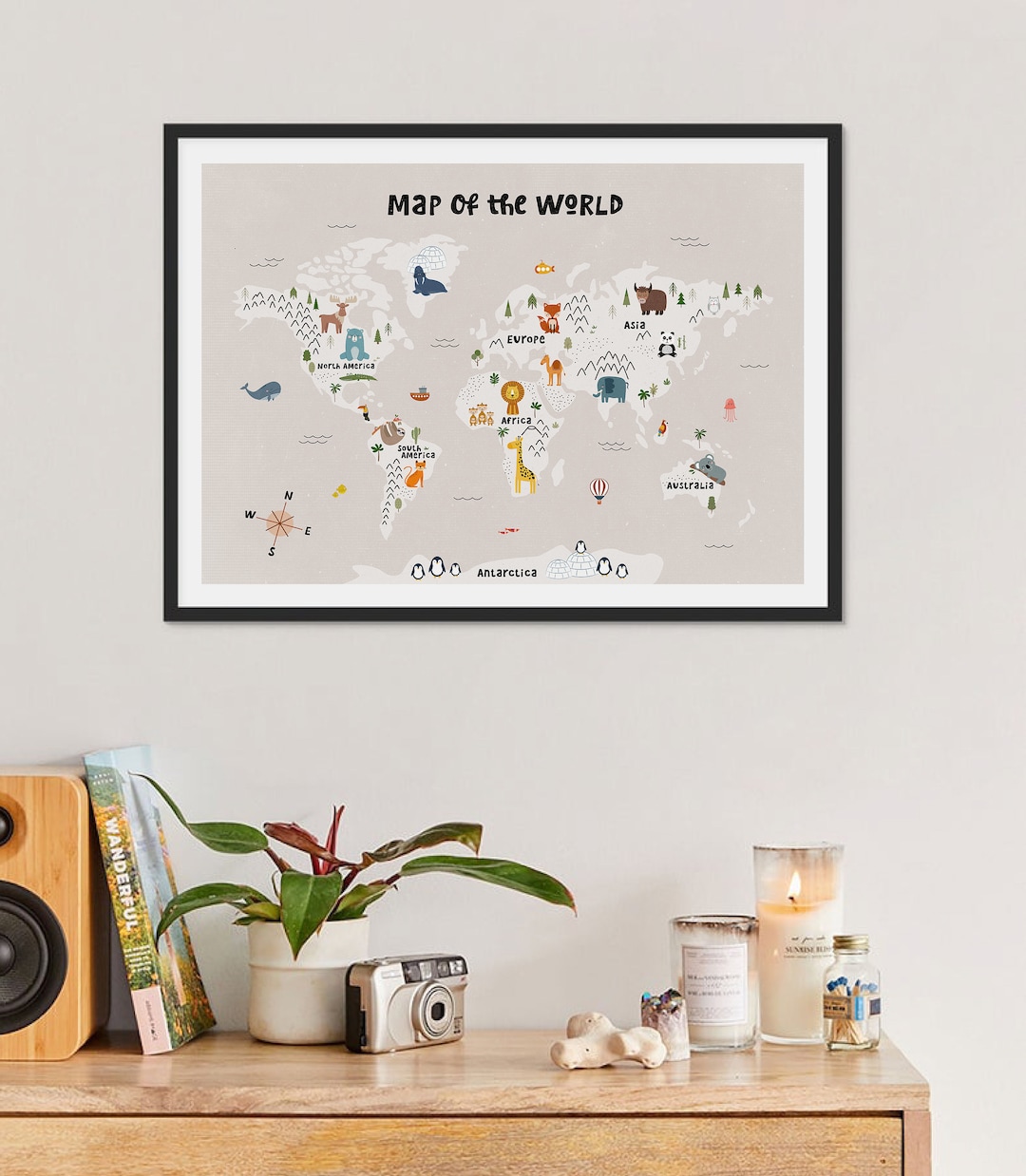 World Map Wall Art for Kids, Boho Nursery Decor, Animal World Map ...