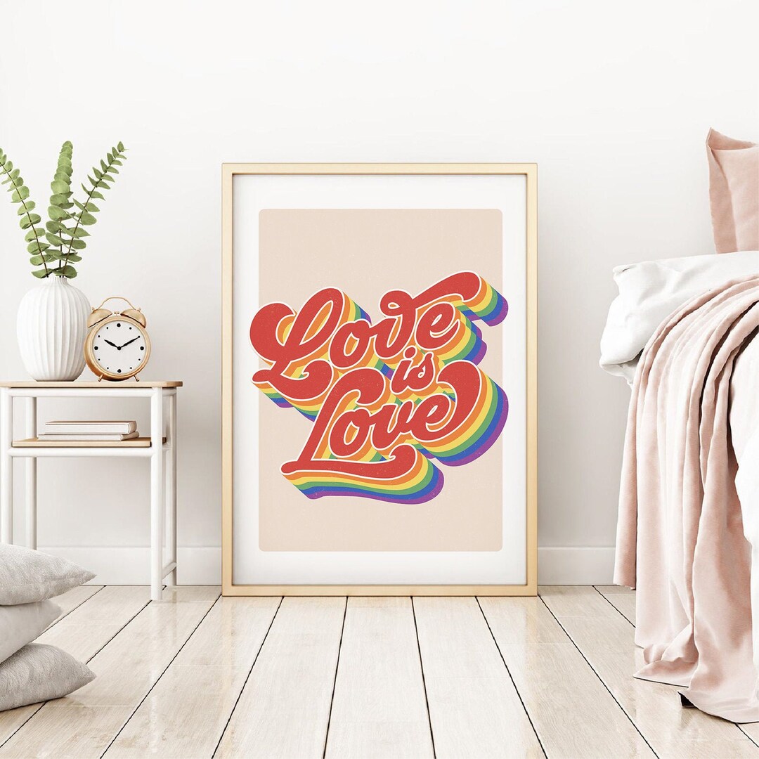 LGBT Print Love is Love Gay Pride Art, Retro Rainbow Flag Lesbian ...