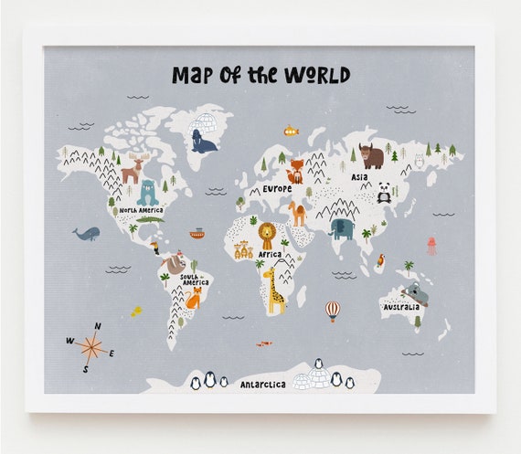 Modern Boho Nursery World Map Wall Art Printable World Map - Etsy