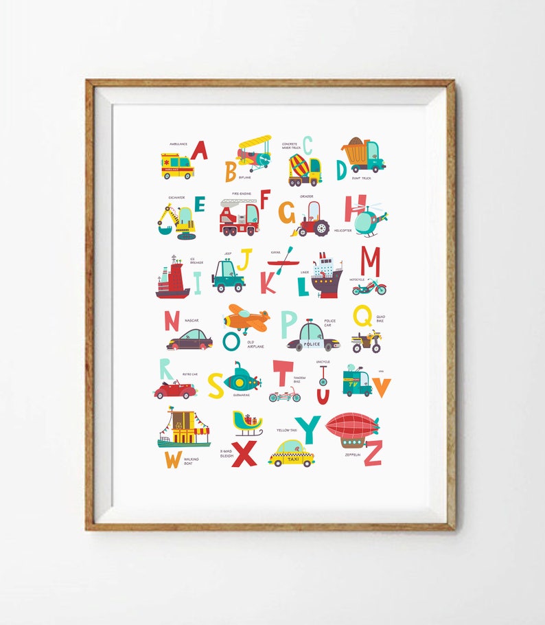 Alphabet Print, Cute Cars Wall Art, Cars Nursery Wall Art, Plane Fire ...