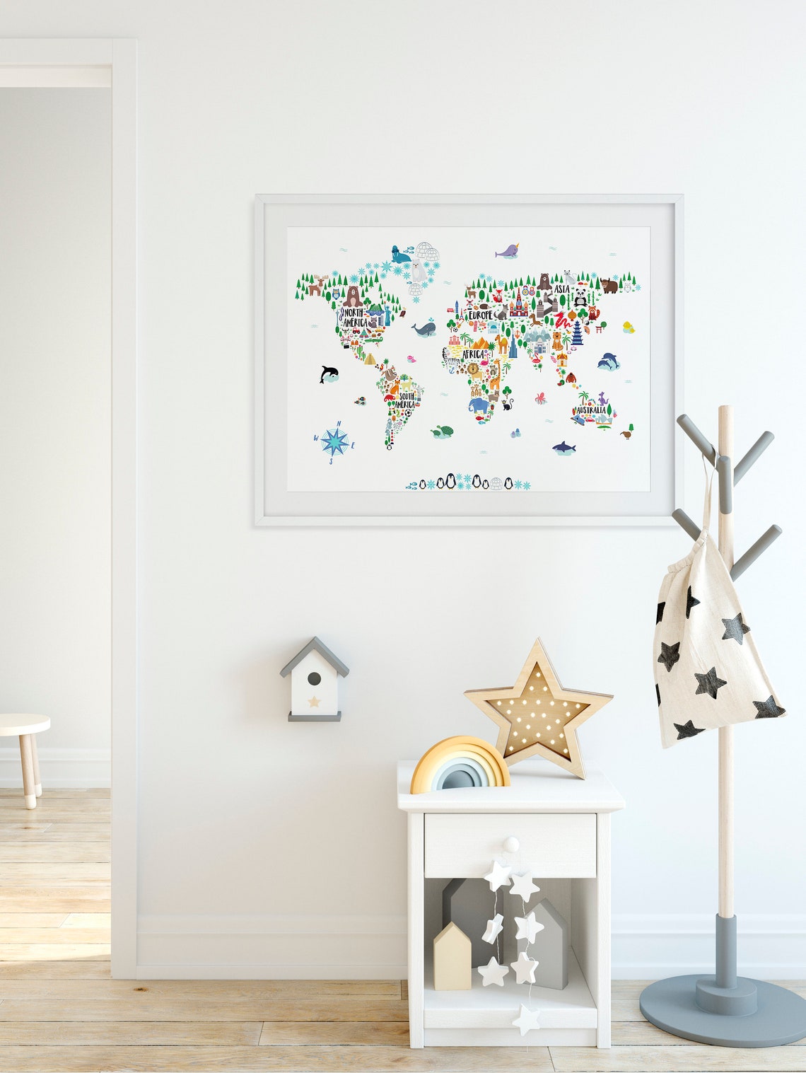Printable World Map for Kids Nursery Wall Art Animal World | Etsy