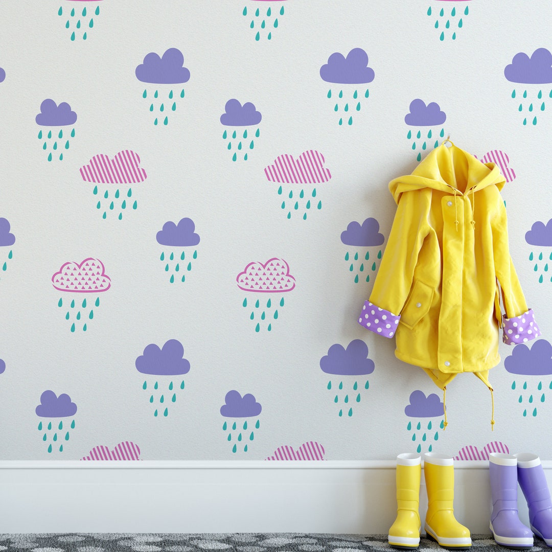 Rainy Clouds Pattern Wall Stencil for Kids Room, Baby Nursery, Children ...