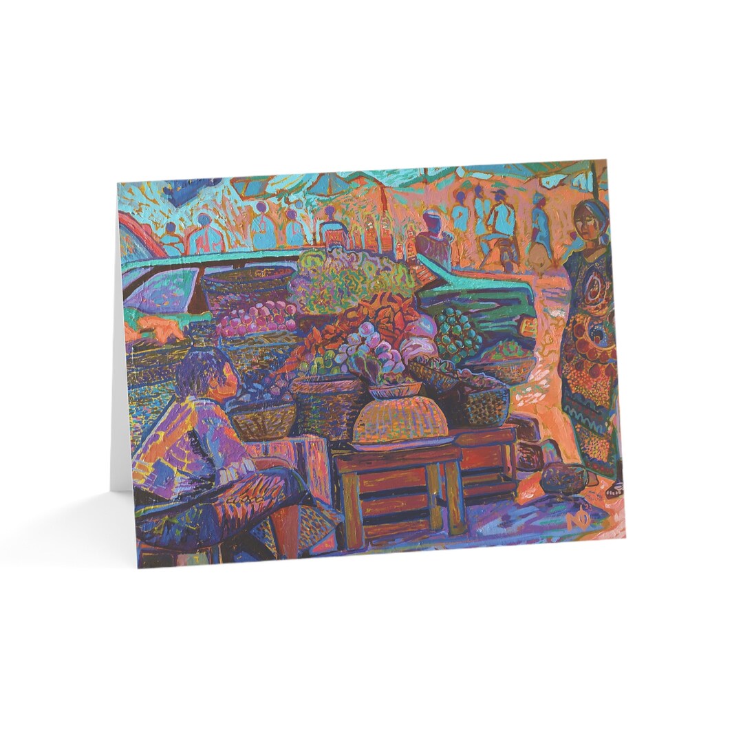 African Greeting Cards - Vibrant African Market Scene - Blank Notecard ...