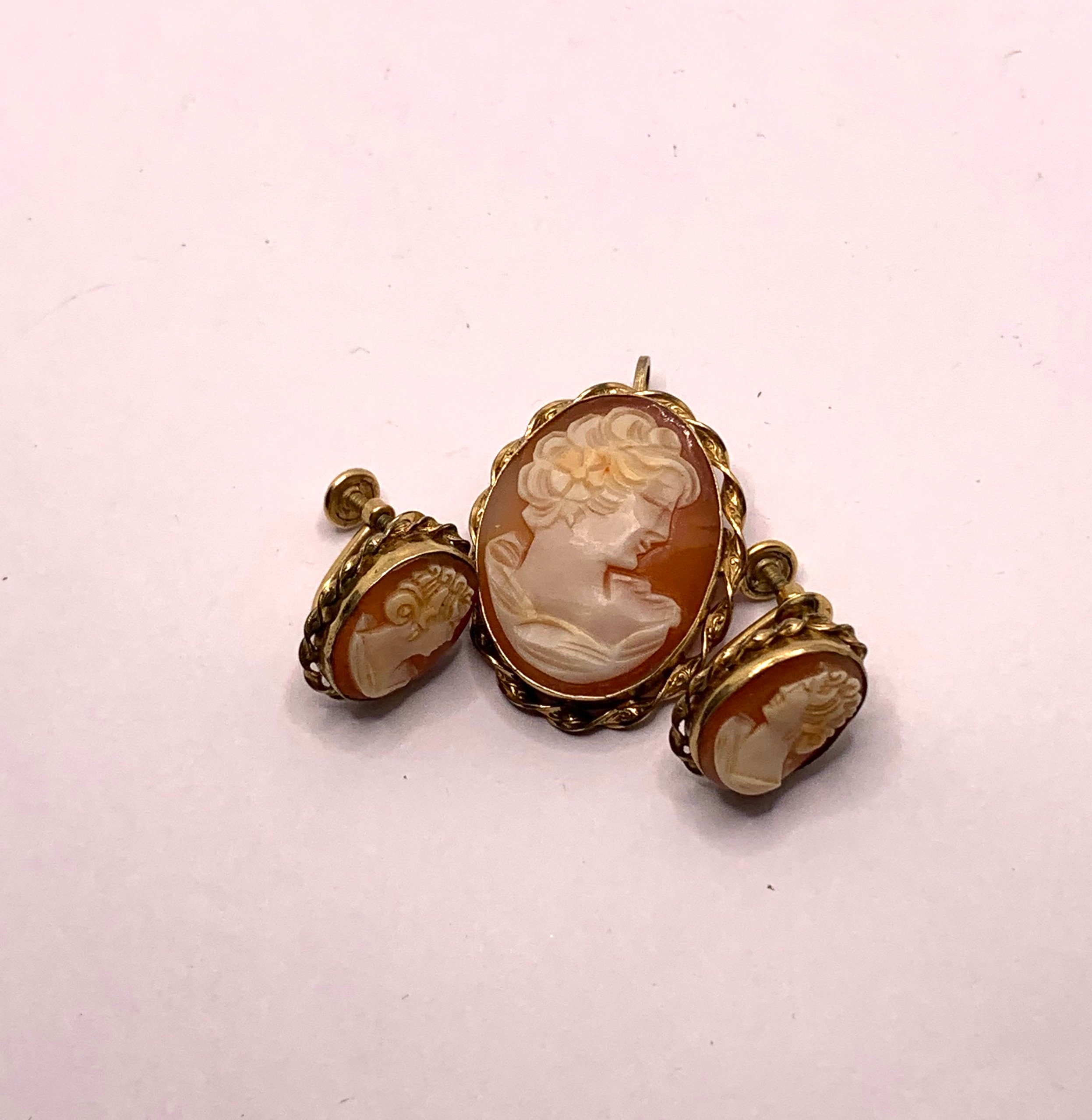 Vintage Van Dell Cameo Brooch Pendant and Earring Set: 12kt Gold Filled ...