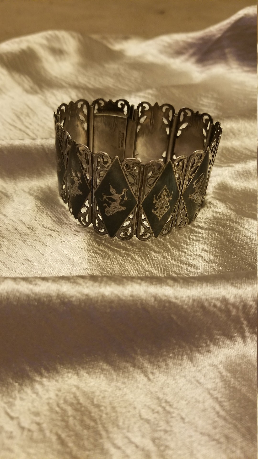 Sterling Silver and Black Enamel Siam Bracelet, Filigree Large Cuff ...