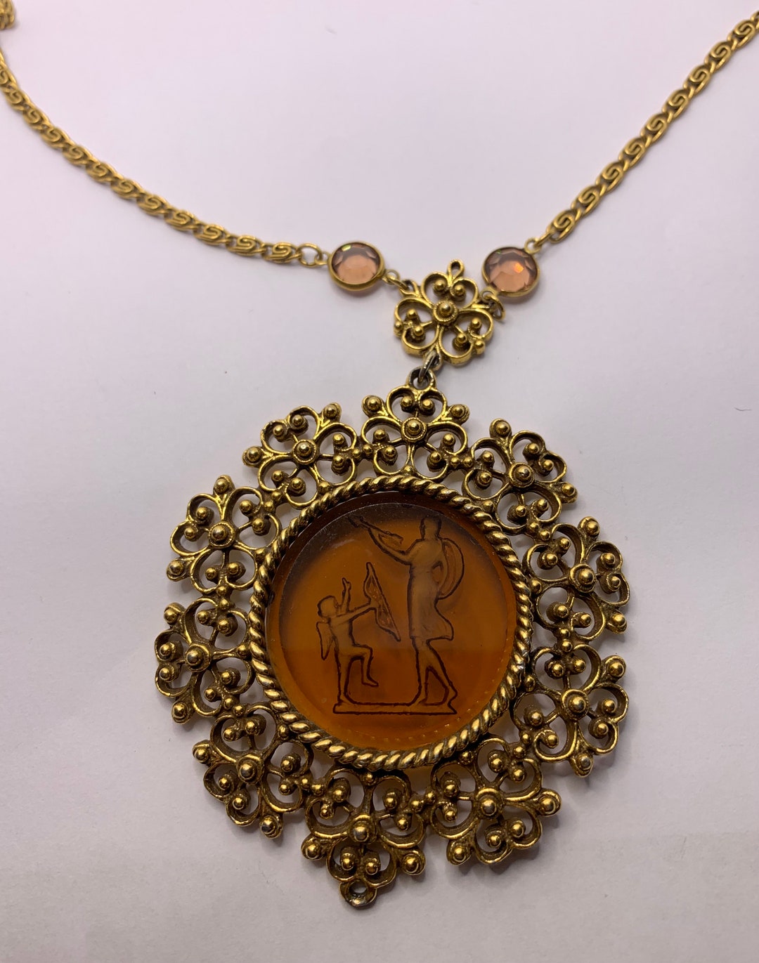 Vintage Cupid Venus Godlette Intaglio Glass Cameo Necklace Gold Tone ...