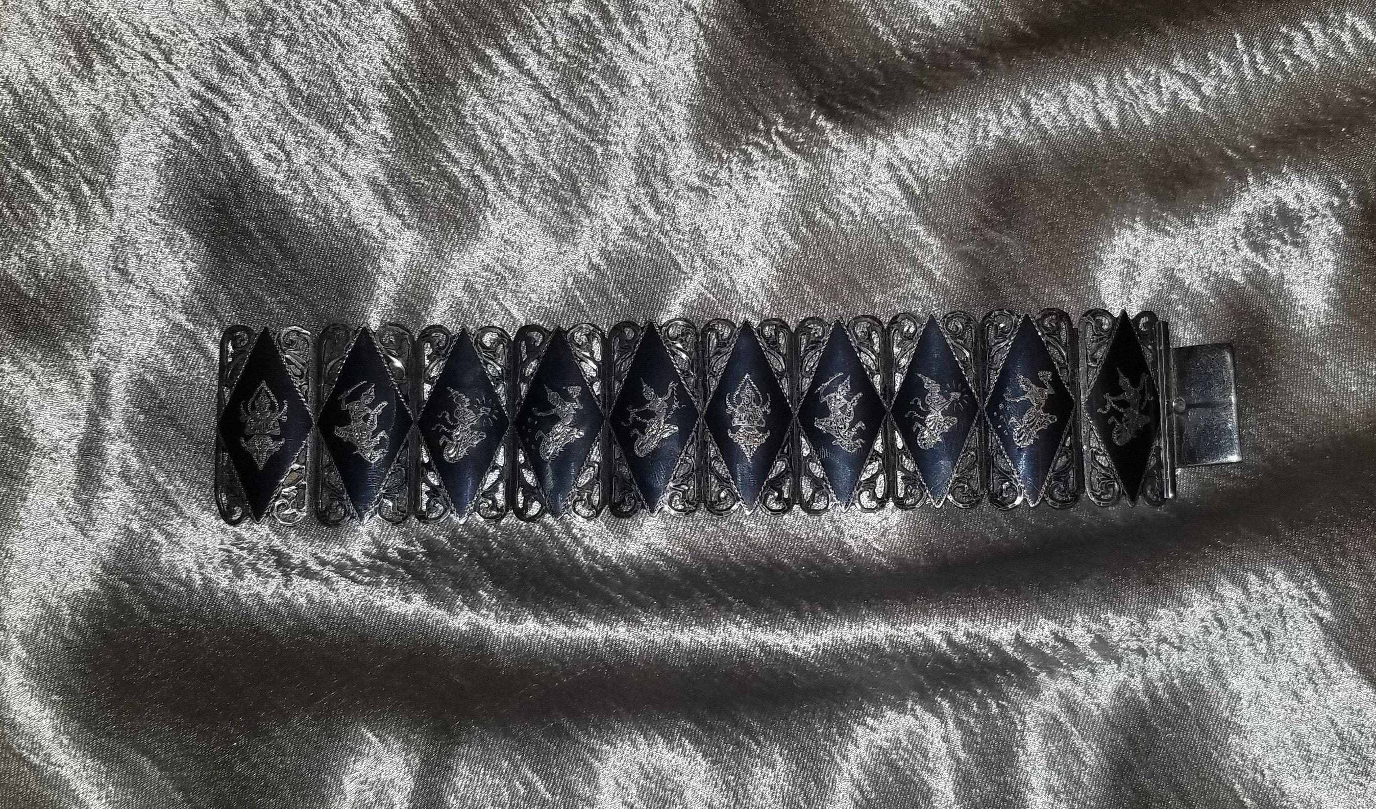 Sterling Silver and Black Enamel Siam Bracelet, Filigree Large Cuff ...