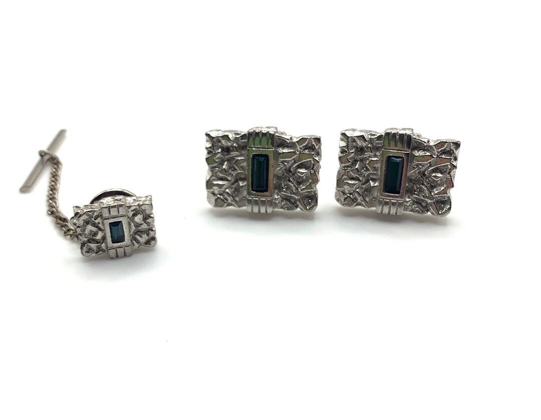 Vintage Swank Tie Pin and Cufflinks Set Silver Tone Brutalist Design ...
