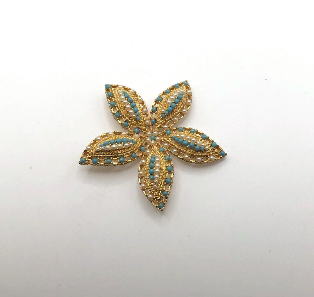 Vintage Gold Tone Seed Pearl Turquoise Sarah Coventry 1968 Ocean Star ...