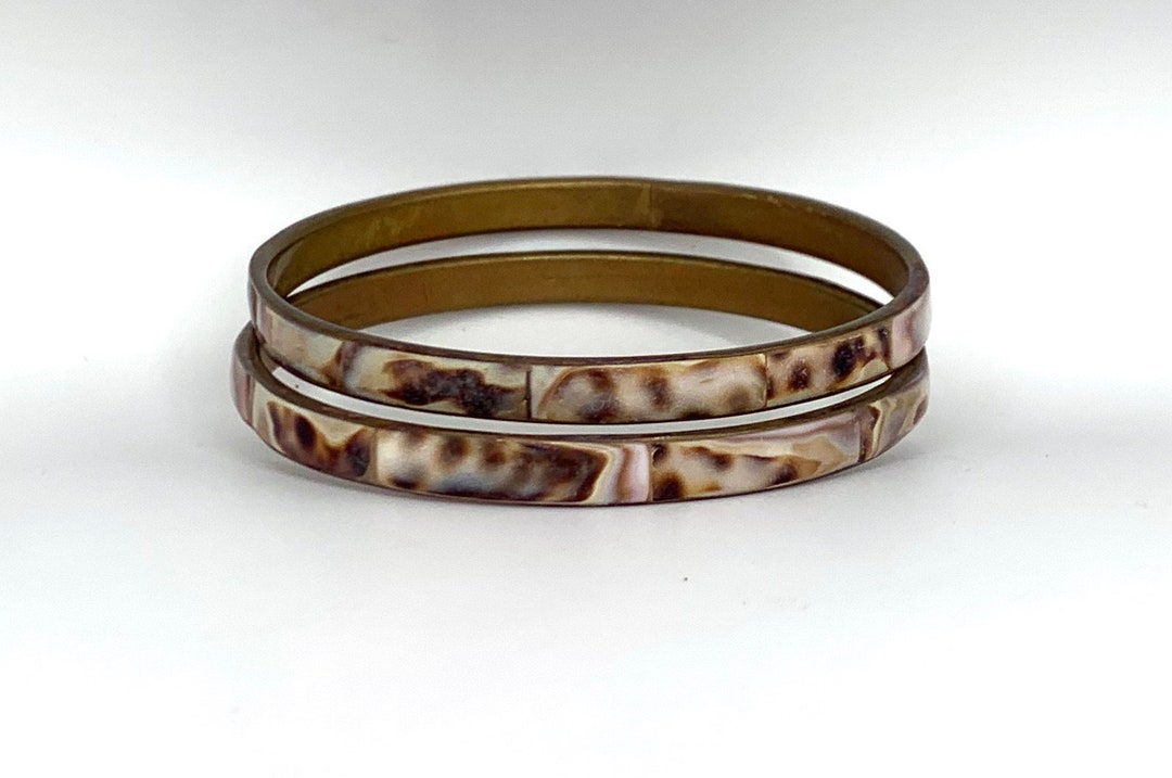 Vintage Conch Shell Inlay Brass Skinny Bangle Bracelet Pair Set of Two ...