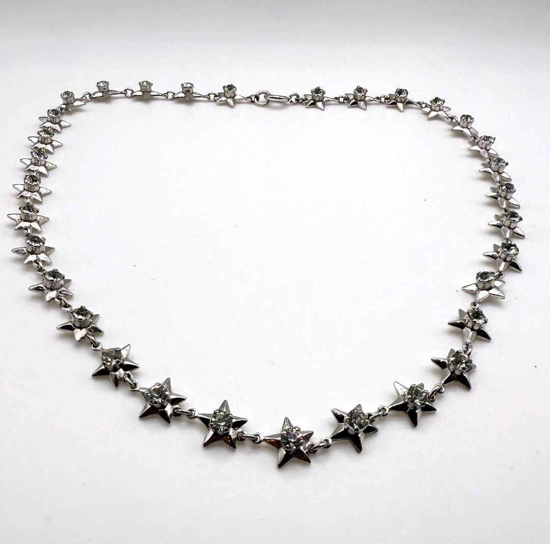 Vintage Silver Tone Star Link Rhinestone Necklace - Etsy