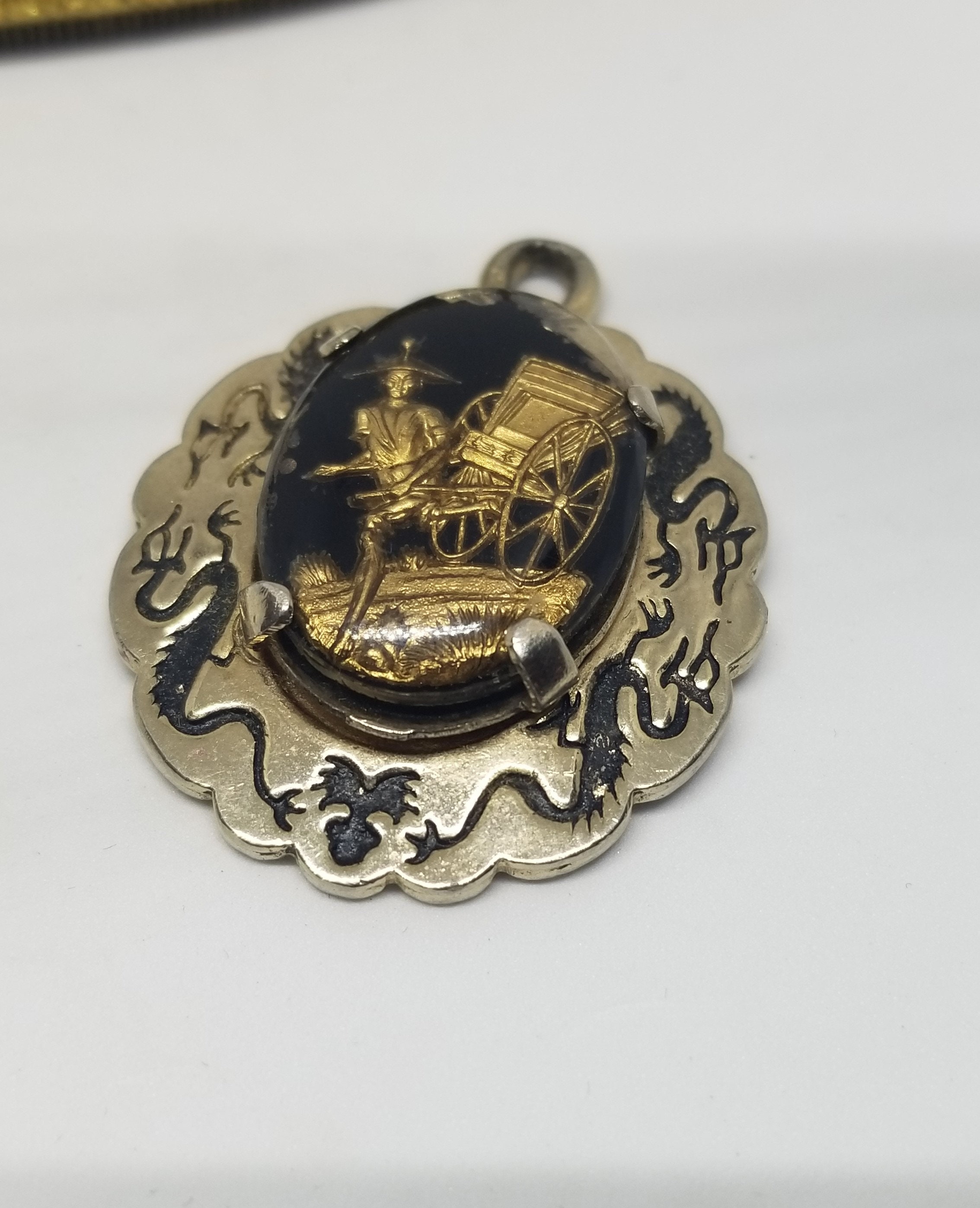 Vintage Black and gold dragon rickshaw asian Pendant | Etsy