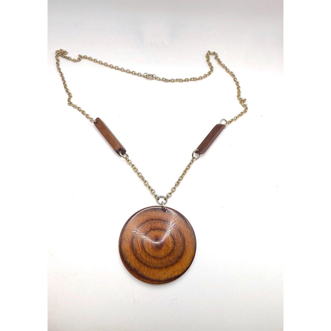 Vintage Mid Century Large Round Polished Wood Pendant Necklace - Etsy