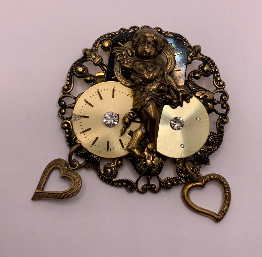 Vintage Victorian Style Gold Tone Clock Cherub Dangle Heart Brooch - Etsy