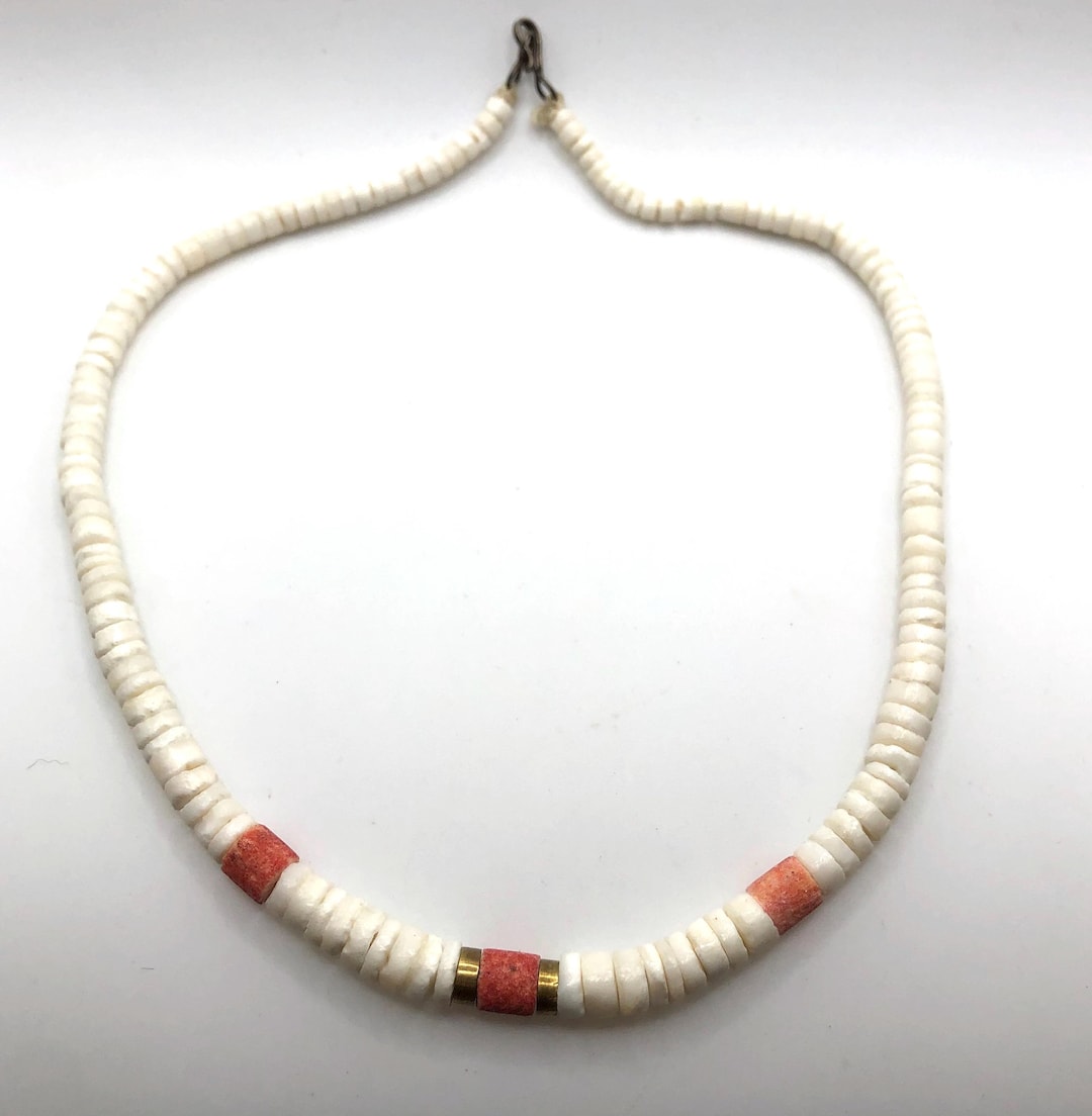Vintage Puka Shell Chip and Red Coral Brass Gold Tone Beaded Necklace ...