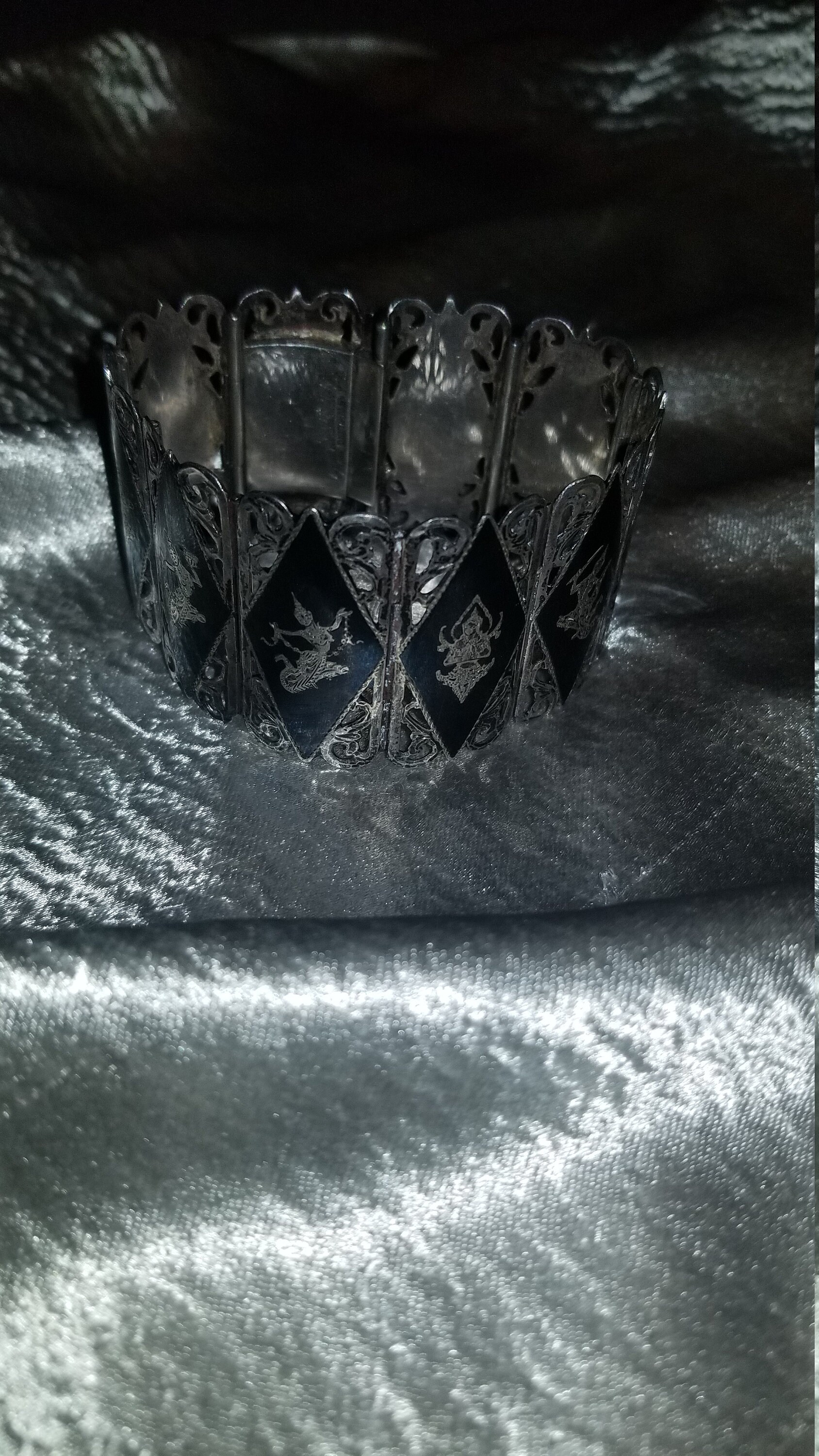 Sterling Silver and Black Enamel Siam Bracelet, Filigree Large Cuff ...