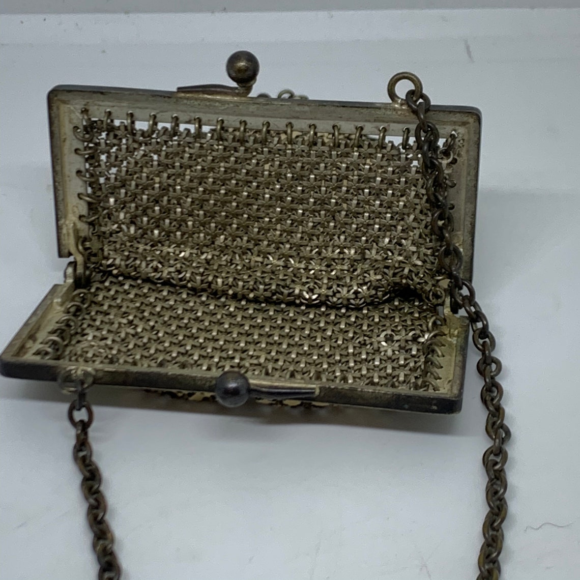 Antique Tiny enamel chain mail metal coin purse brown and | Etsy