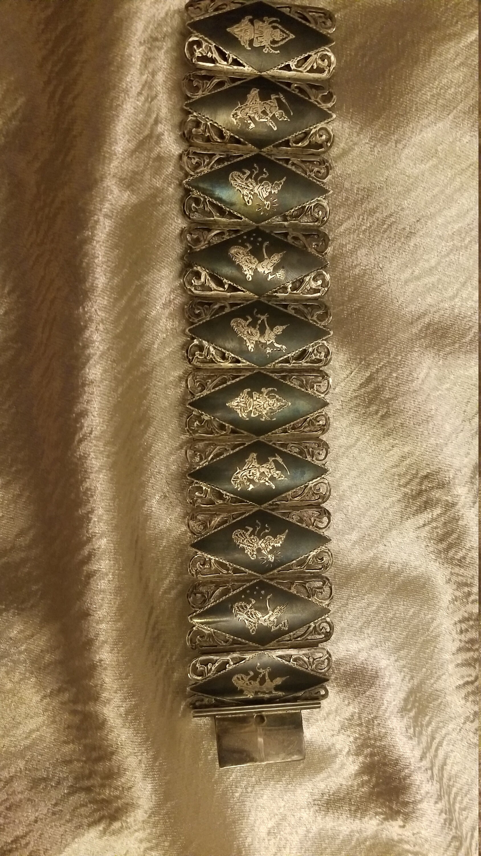 Sterling Silver and Black Enamel Siam Bracelet, Filigree Large Cuff ...