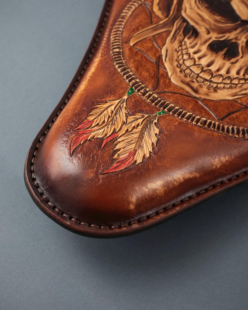 Solo Seat Bobber, Motorcycle Seat With Indian Scull Carving on Leather ...