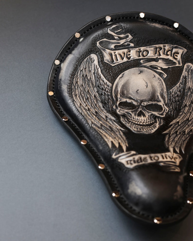 Solo Seat Bobber, Motorcycle Seat With Skull Carving on Leather, Seat ...