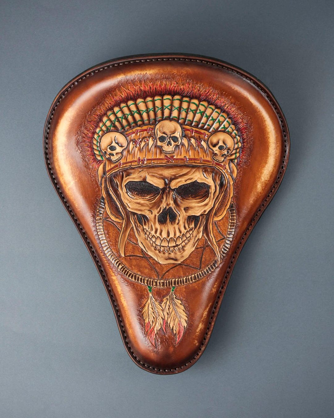 Solo Seat Bobber, Motorcycle Seat With Indian Scull Carving on Leather ...