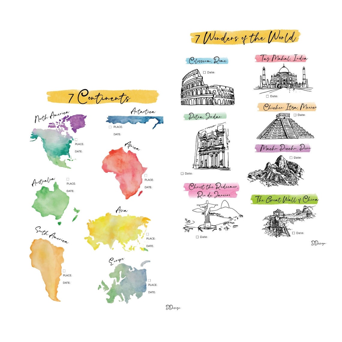 7 Continents & 7 Wonders of the World Printable, Travel Printable ...