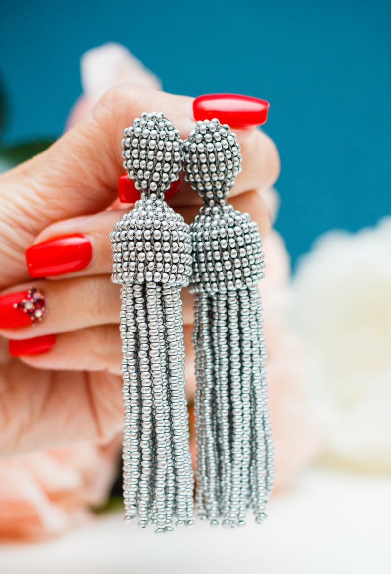 Long Silver Beaded Earrings Tassel Silver Beaded Earrings - Etsy
