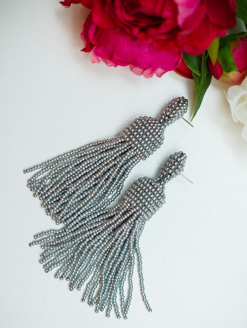 Long Silver Beaded Earrings Tassel Silver Beaded Earrings - Etsy